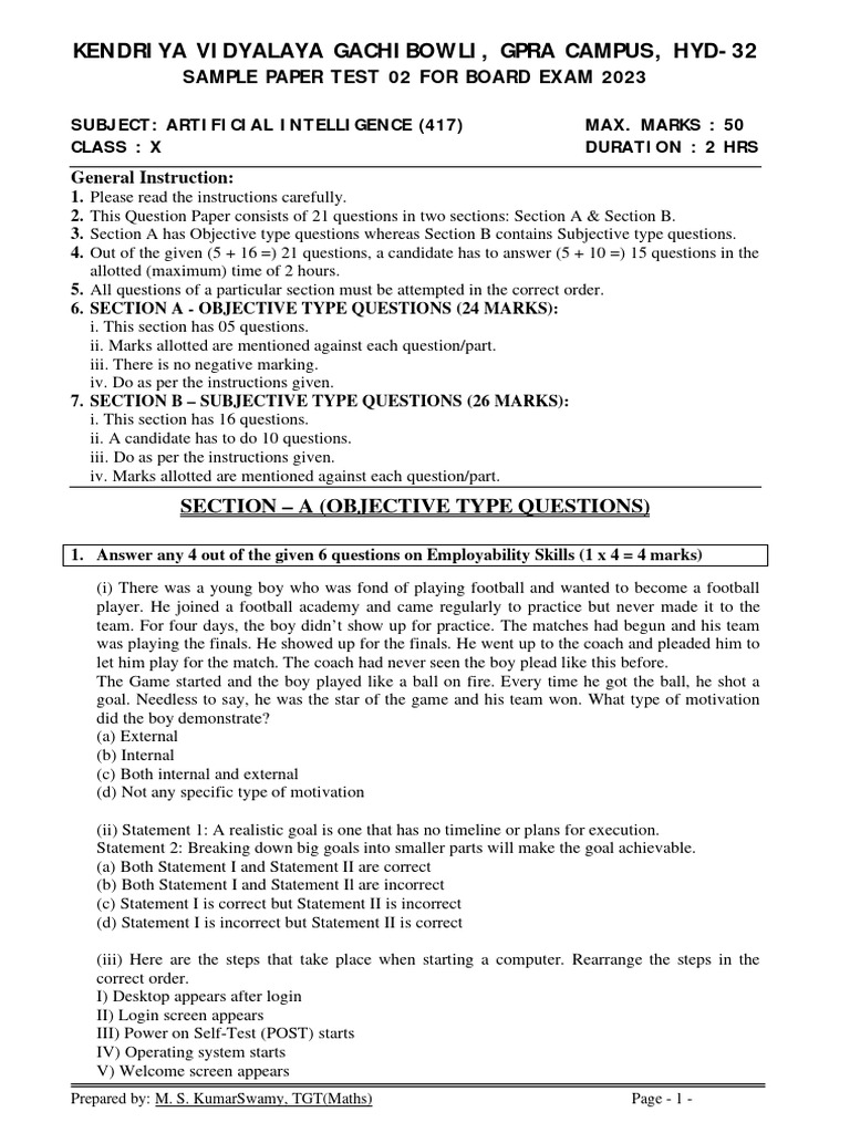 Class 10 AI Sample Paper 2023 | PDF | Artificial Intelligence ...