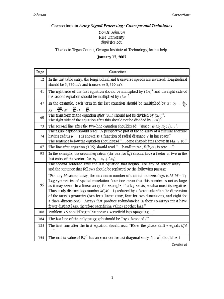 Errata - Book - Array Signal Processing | PDF | Matrix (Mathematics) | Algebra
