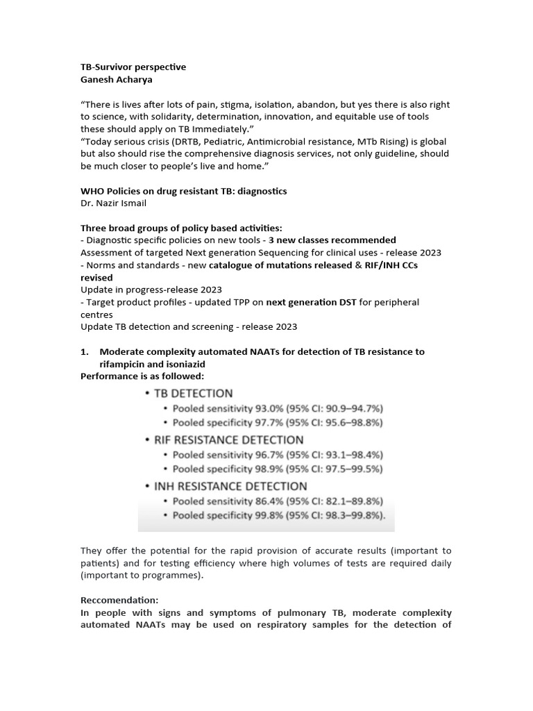 Summary END TB Round Table 3 Experience Sharing On DRTB Diagnostics Policies and Whats in The ...