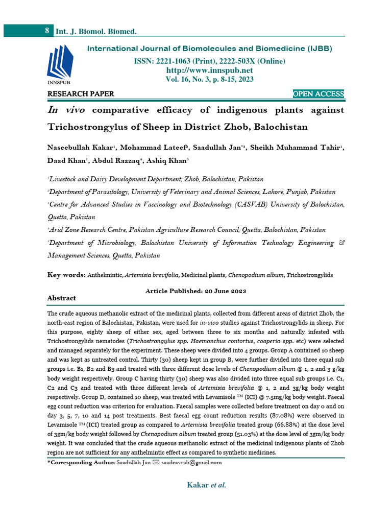 In Vivo Comparative Efficacy of Indigenous Plants Against Trichostrongylus of Sheep in District ...