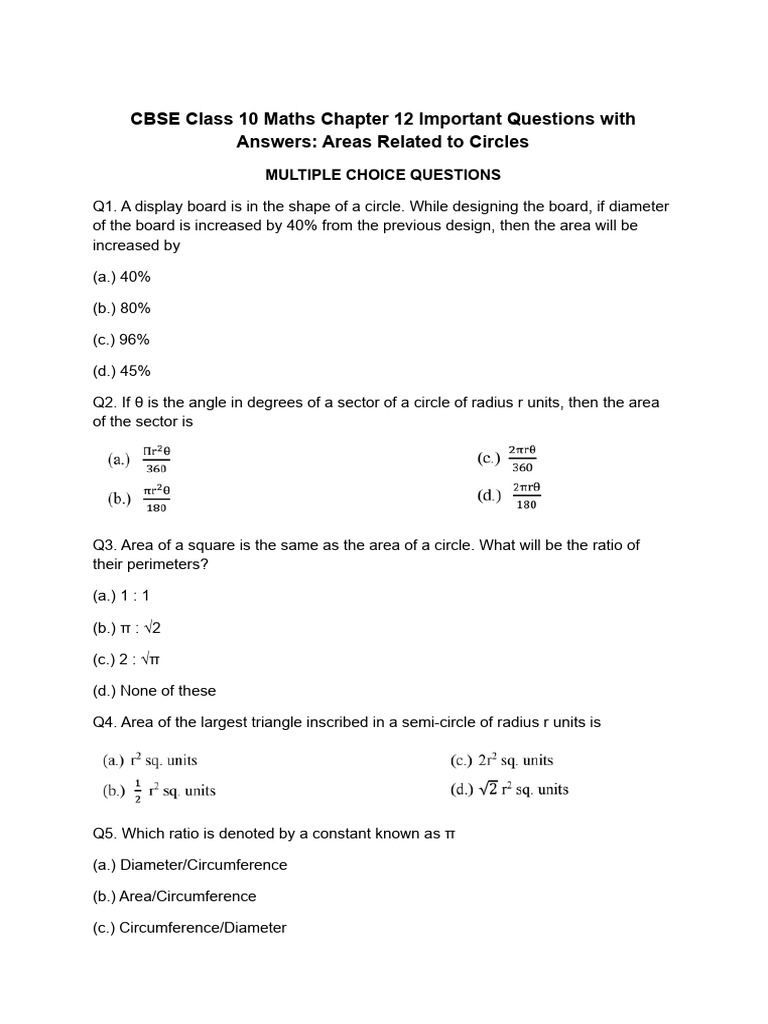 Class 10 Maths: Circle Areas Q&A | PDF | Area | Circle