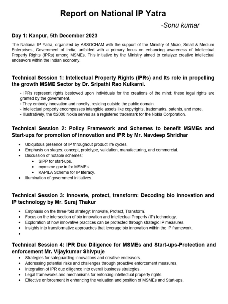 Report On National IP Yatra by Sonu Kumar | PDF | Intellectual Property | Innovation