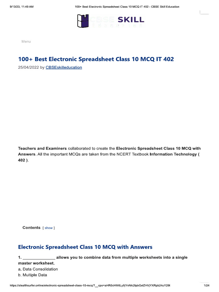 1694585718091.class X Electronic Spreadsheet MCQs (1) | PDF