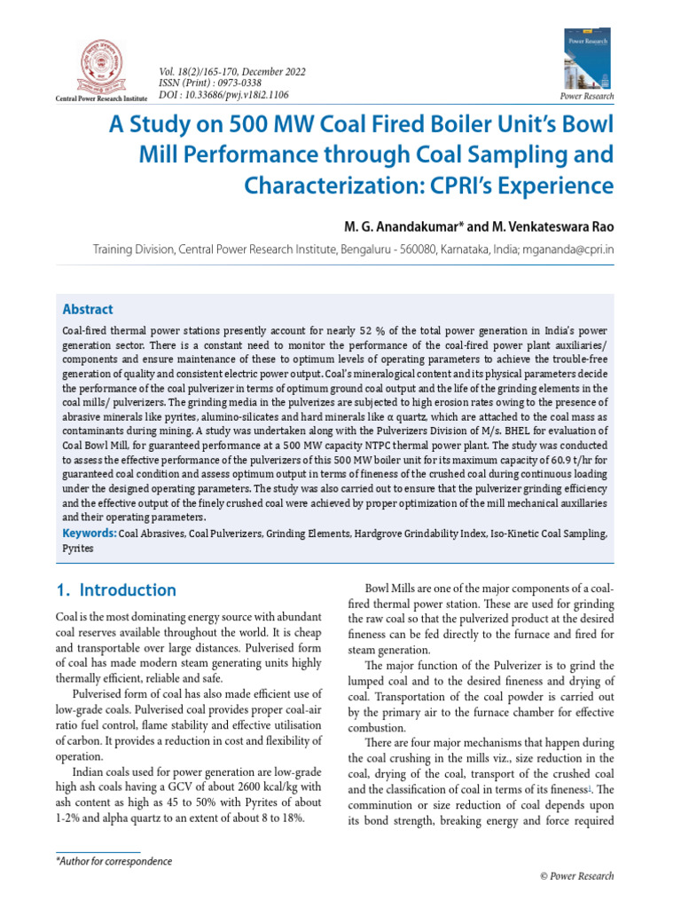 A Study On 500 MW Coal Fired Boiler Unit's Bowl Mill Performance ...