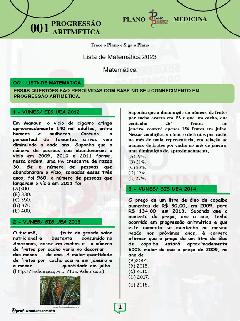 Lista de Matematica - P.A - Plano Medicina | PDF | Sequência | Matemática