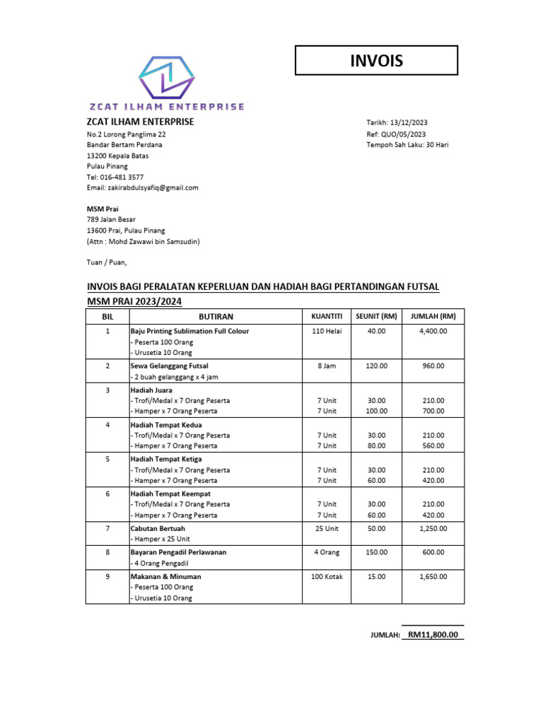 Invoice ZCat Ilham Ent (Futsal2324) | PDF
