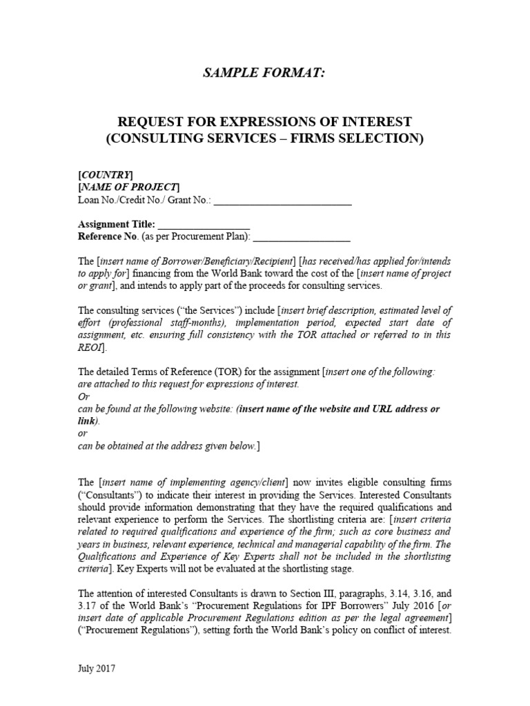 Request For Expressions of Interest (Consulting Services - Firms Selection) | PDF | Consultant ...