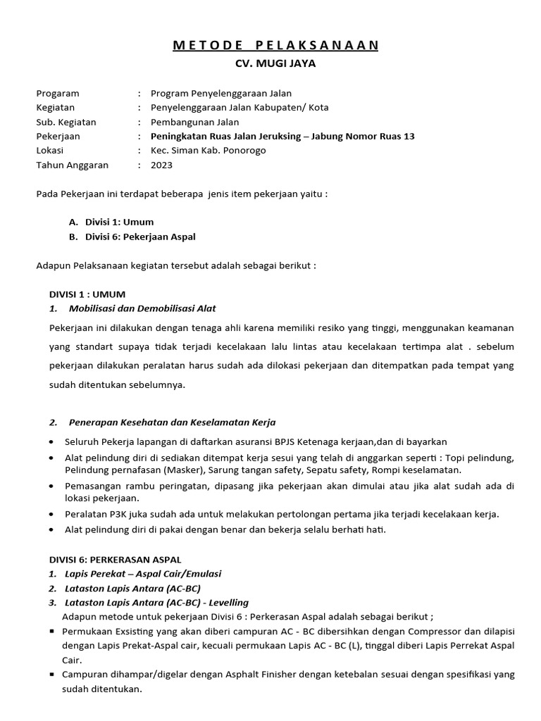 Contoh Metode Kerja Pekerjaan Konstruksi Jalan | PDF