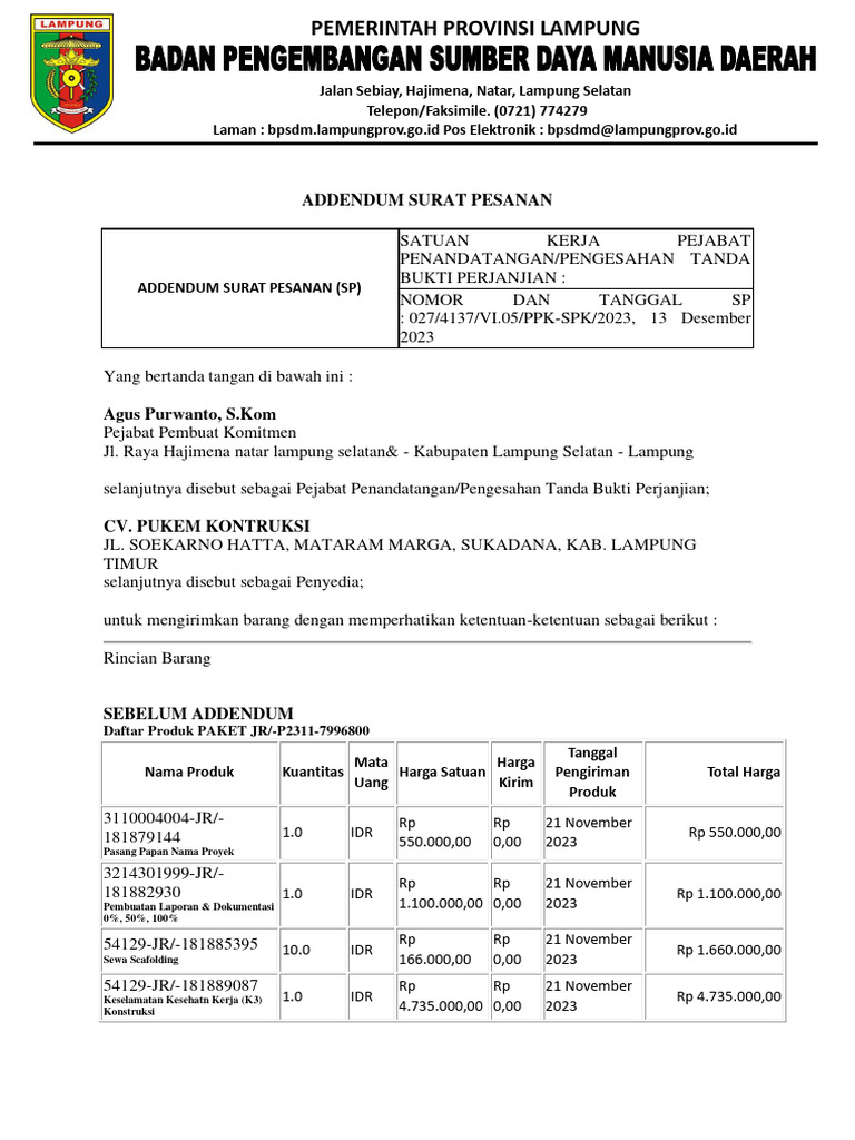 Addendum Surat Pesanan Konstruksi 2023 | PDF