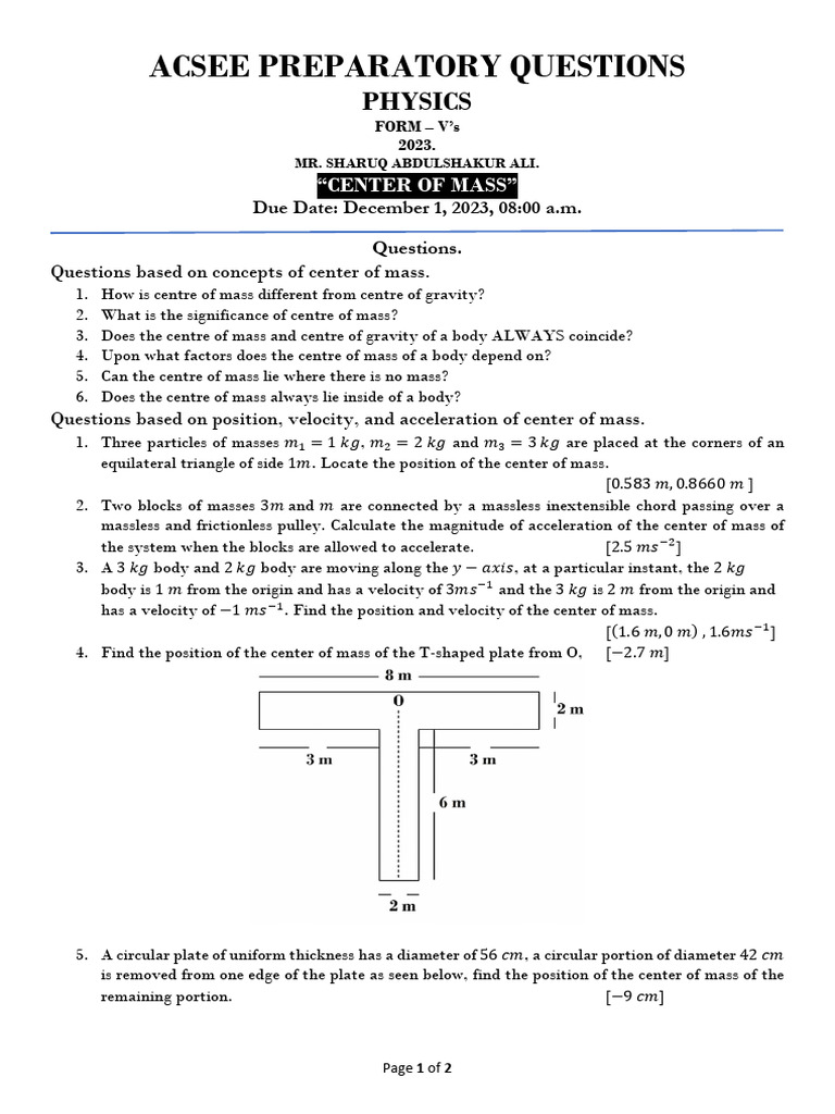 Center of Mass Assignment | PDF | Center Of Mass | Mass