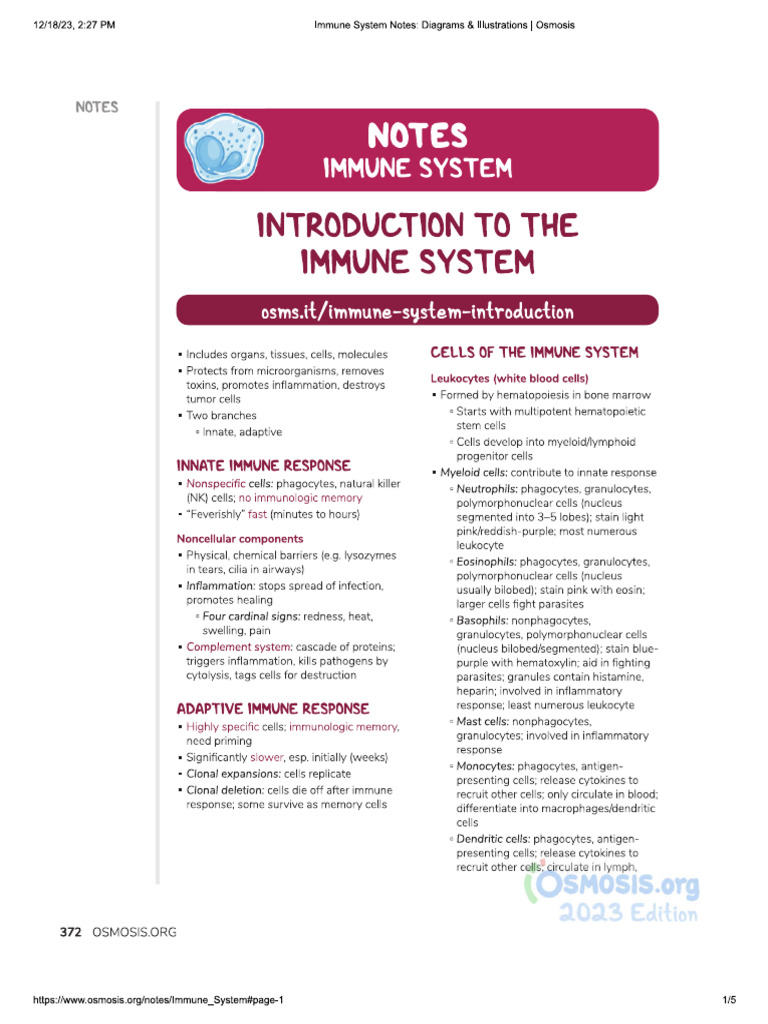 Immune System Notes - Diagrams & Illustrations - Osmosis | PDF