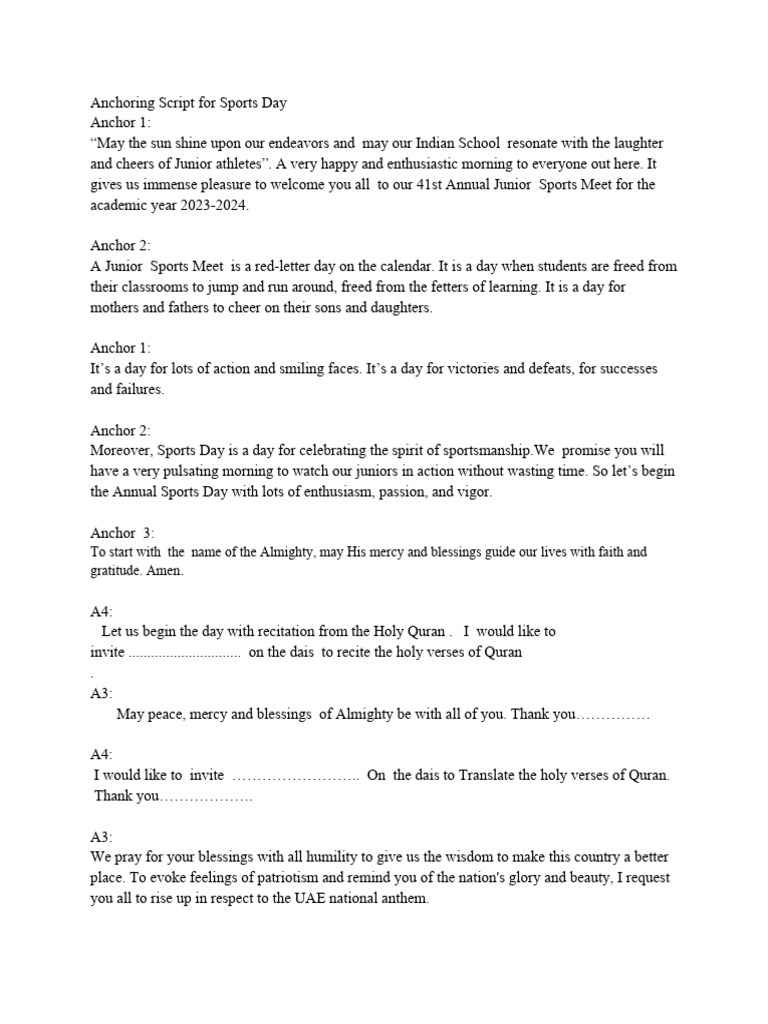 Anchoring Script For Sports Day | PDF