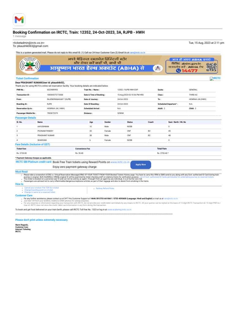 Gmail - Booking Confirmation On IRCTC, Train - 12352, 24-Oct-2023, 3A, RJPB - HWH | PDF | Credit ...