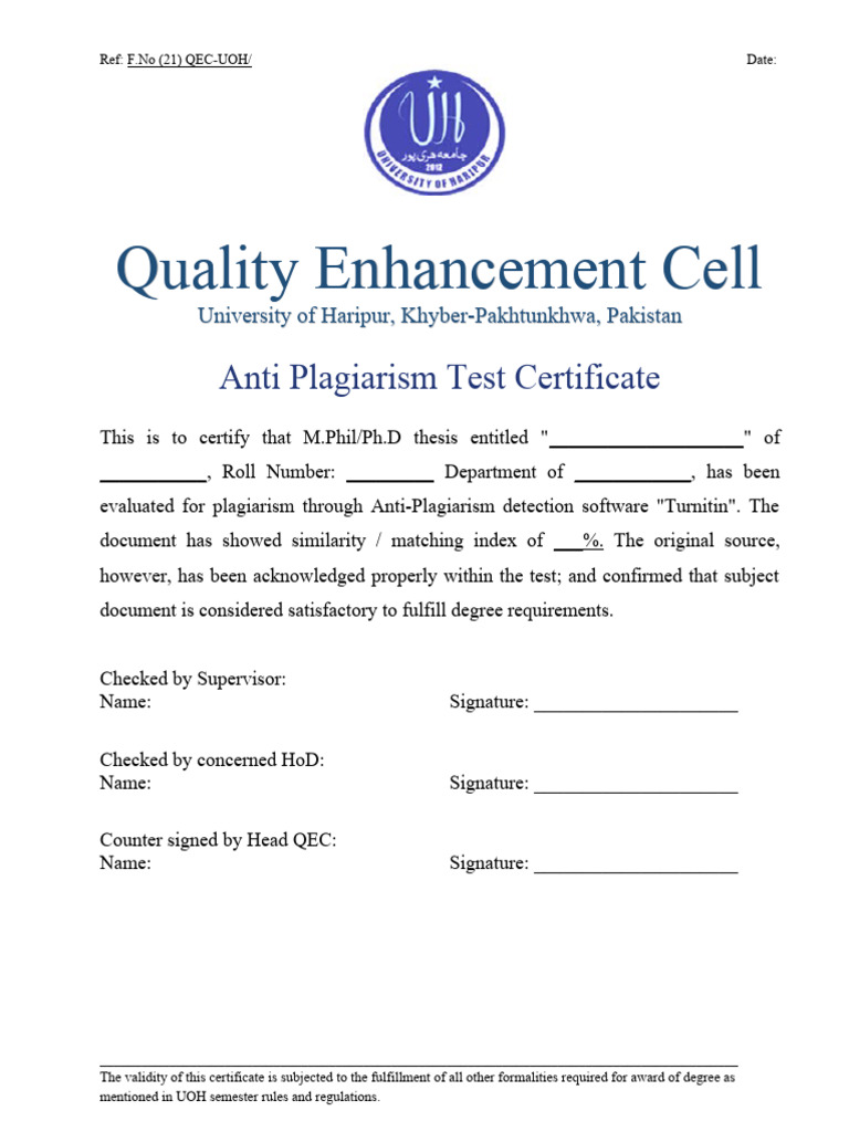 Anti-Plagiarism Test Certificate | PDF