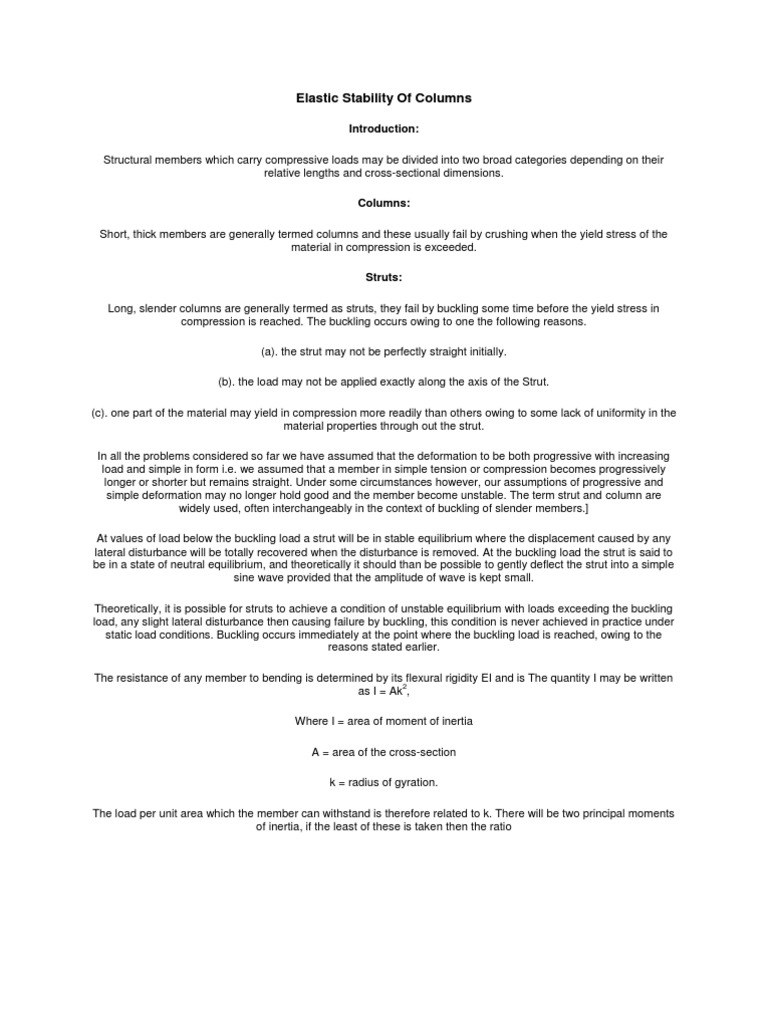 Elastic Stability of Columns and Struts | PDF | Buckling | Column