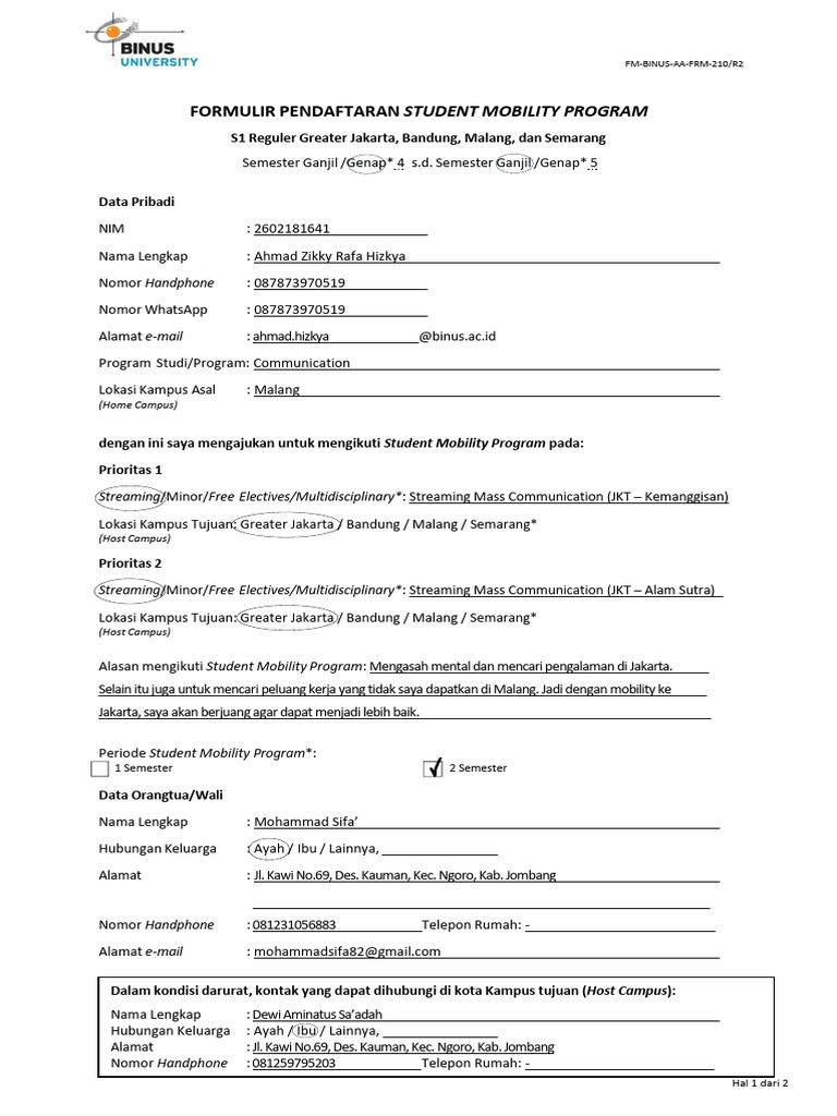Form Pendaftaran Student Mobility Program | PDF