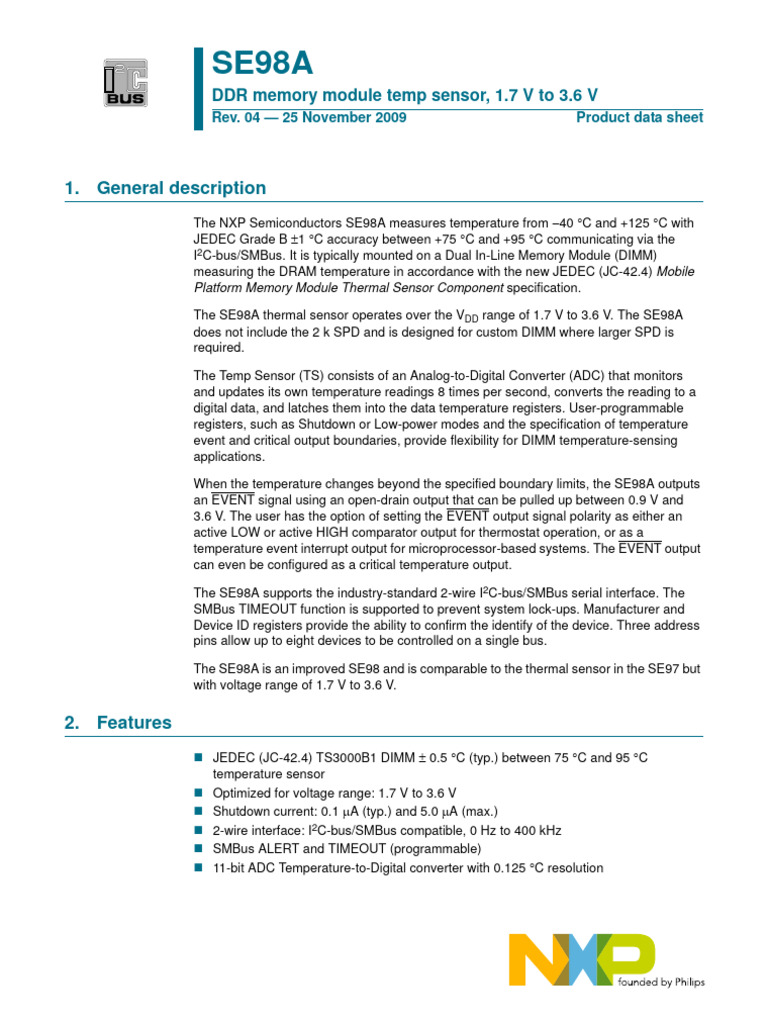 General Description: DDR Memory Module Temp Sensor, 1.7 V To 3.6 V | PDF | Electronic ...