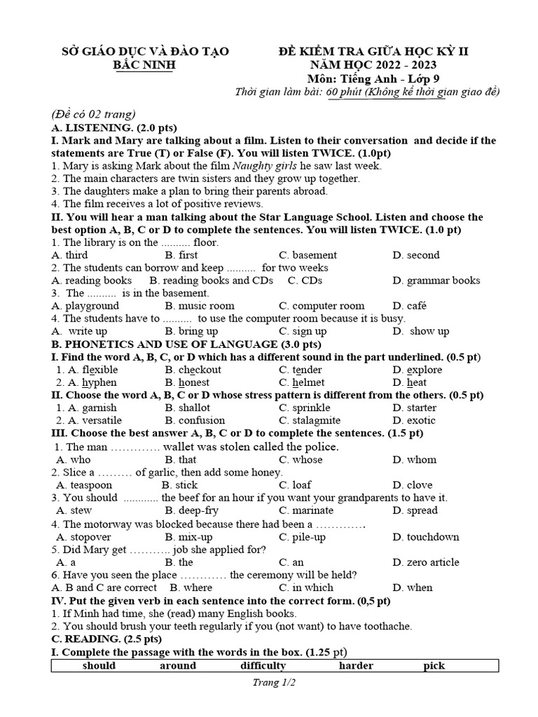 Đề Anh 9 Giữa HKII 2022-2023 | PDF | Language Arts & Discipline