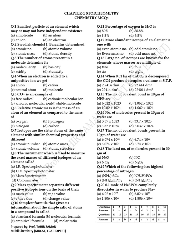 Chemistry MCQs on Stoichiometry | PDF | Ion | Molecules