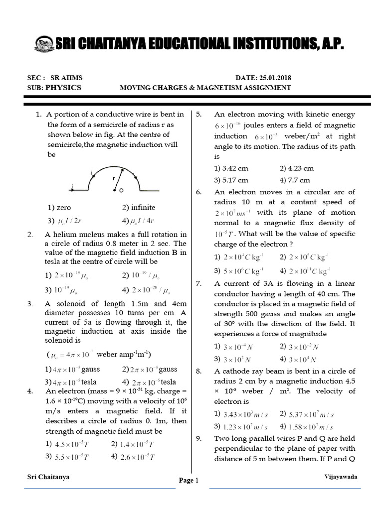 Moving Charges & Magnetism Assignment | PDF | Magnetic Field ...