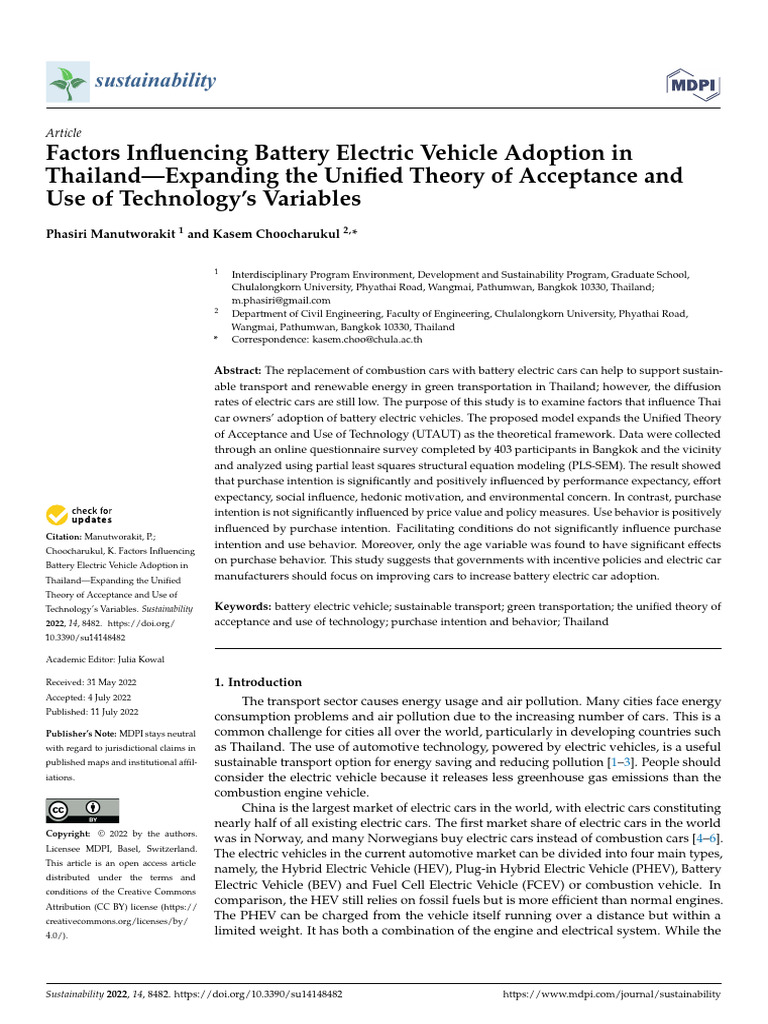 Factors Influencing Battery Electric Vehicle Adoption in Thailand-Expanding The Unified Theory ...