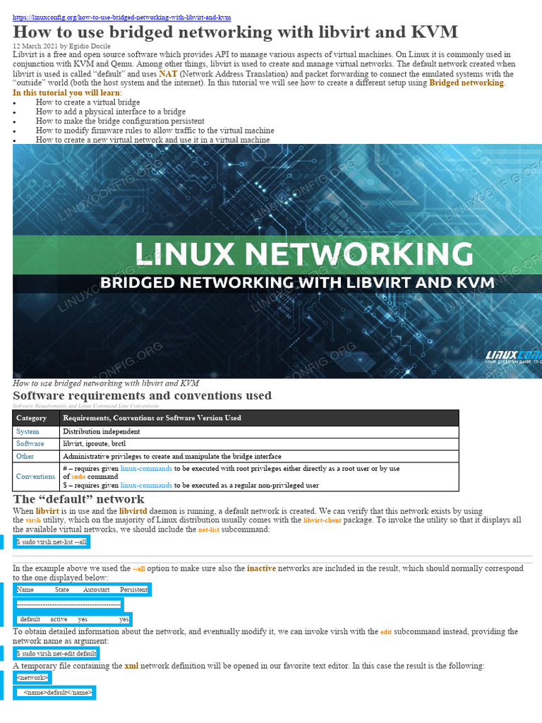 How To Use Bridged Networking With Libvirt and KVM | PDF