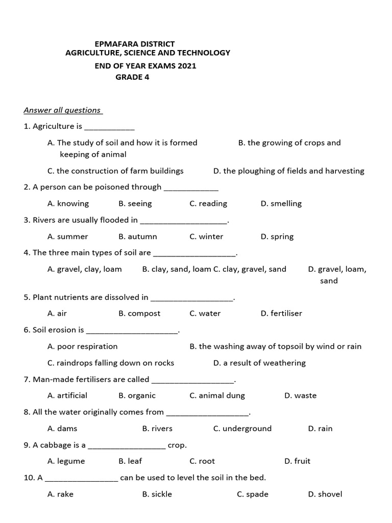 Grade 4 Agriculture Exam Questions | PDF | Soil | Computer Data Storage