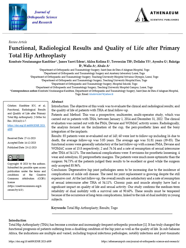 Functional Radiological Results and Quality of Life After Primary Total Hip Arthroplasty | PDF ...