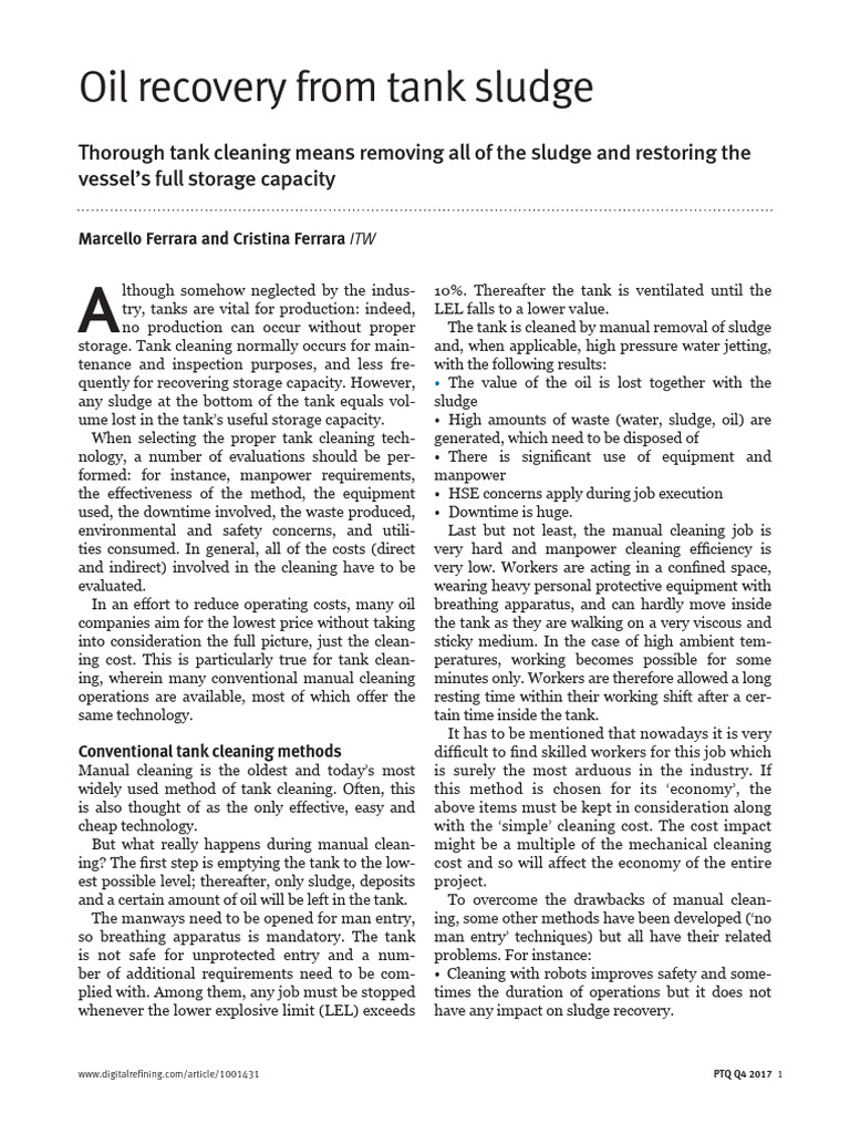 Oil Recovery From Tank Sludge | PDF | Petroleum | Oil Tanker