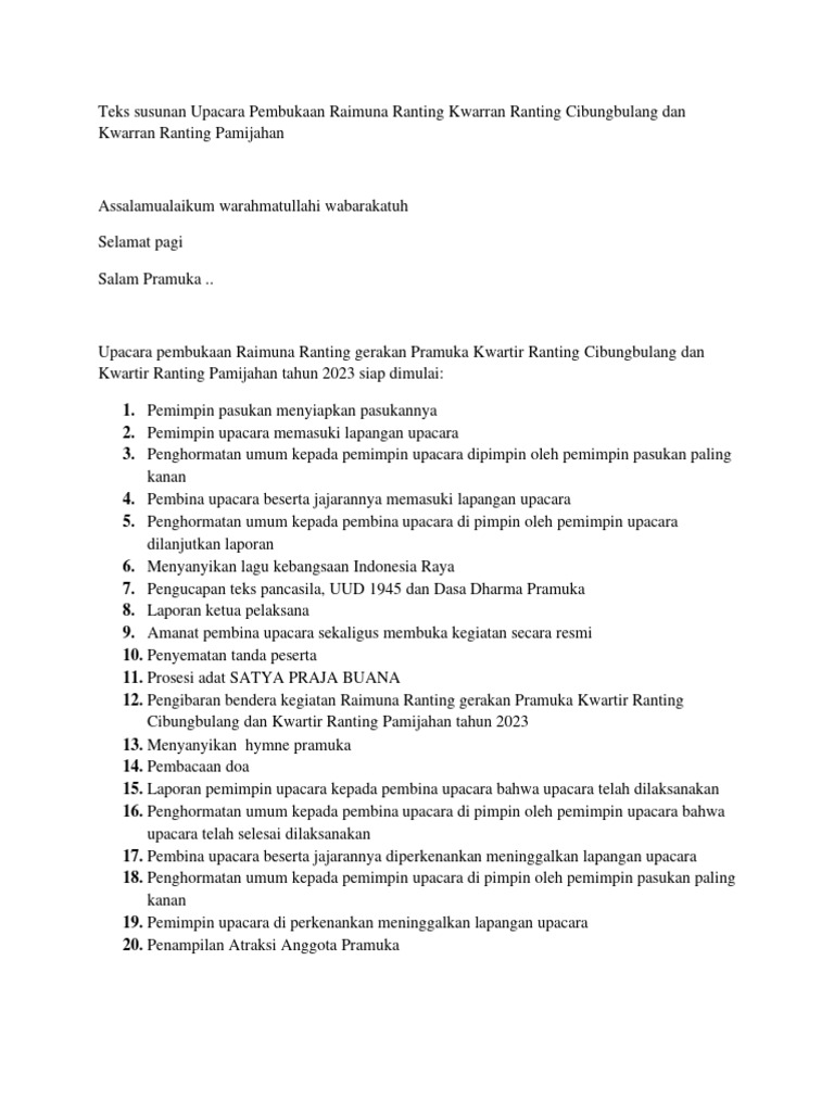 Teks Susunan Upacara Pembukaan Raimuna Ranting Kwarran Ranting Cibungbulang Dan Kwarran Ranting ...