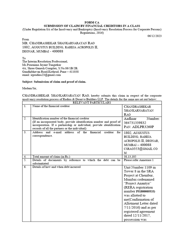 Form CA Sample | Download Free PDF | Bankruptcy | Set Off (Law)