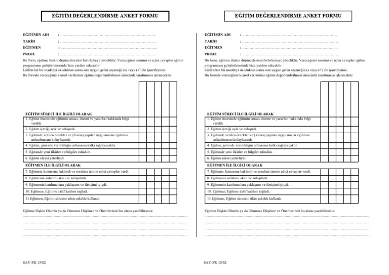 Sav FR 15 Egitim Degerlendirme Anket Formu 02 | PDF Sav FR 15 Egitim Degerlendirme Anket Formu 02 | PDF
