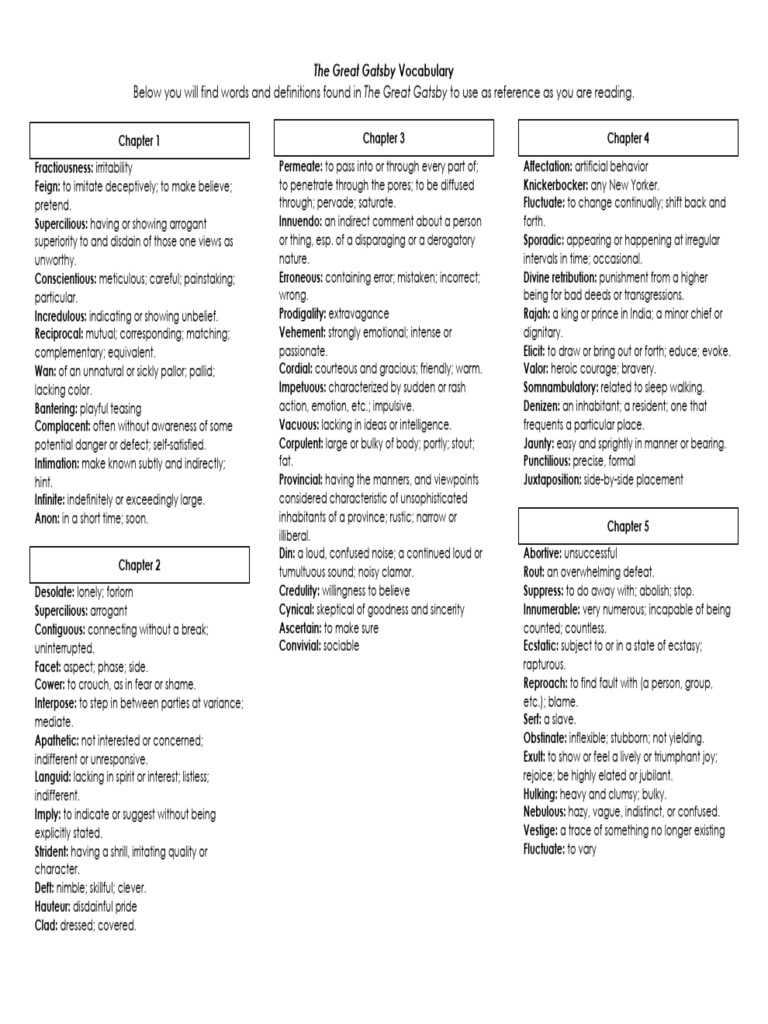The Great Gatsby Vocabulary | PDF