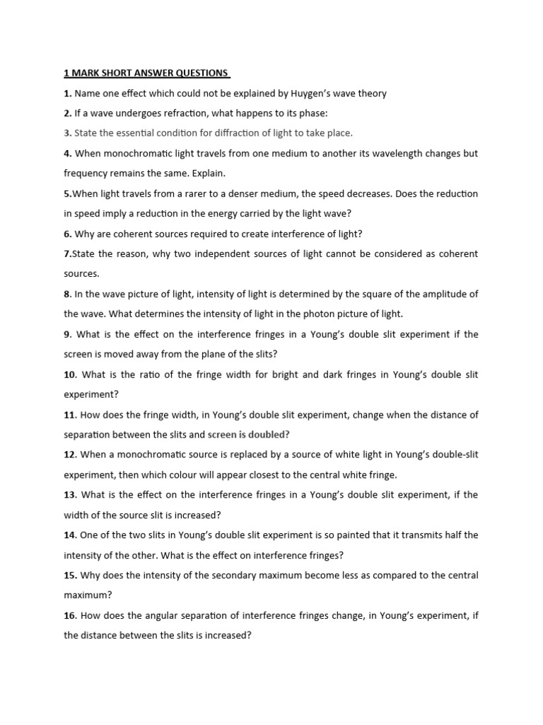 Short Answer Questions on Light Interference | PDF