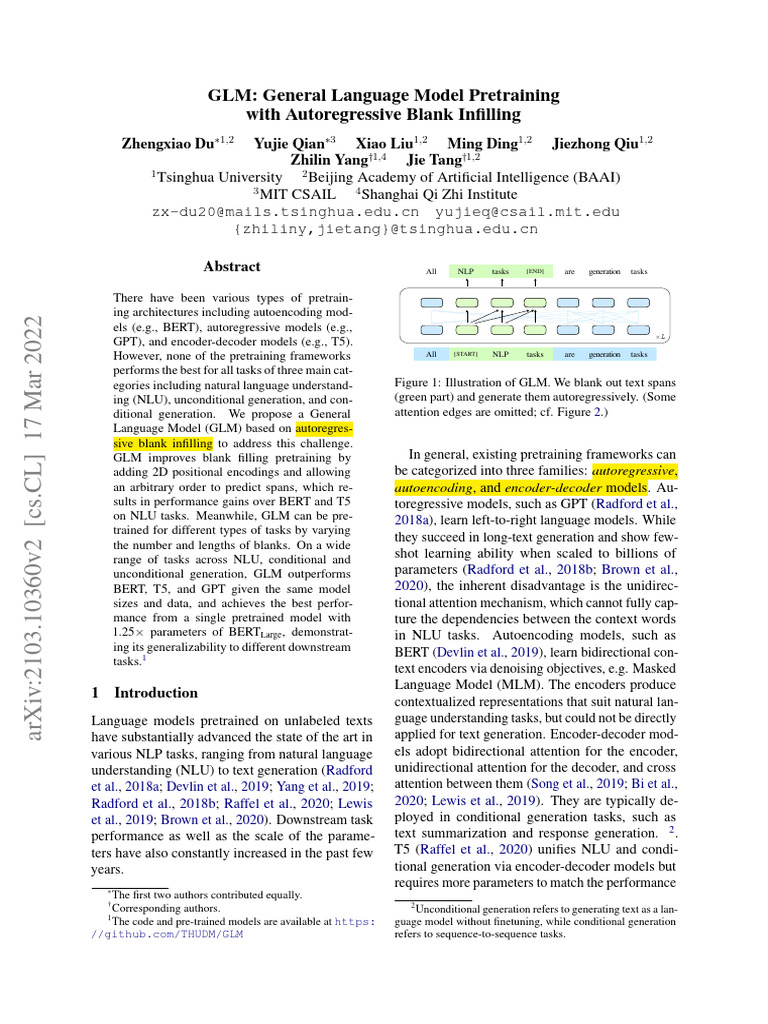GLM: General Language Model Pretraining With Autoregressive Blank Infilling | PDF | Computing ...