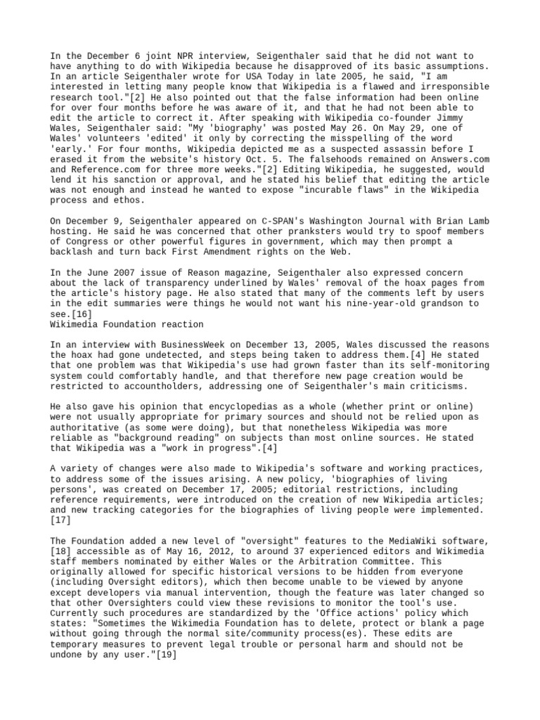 Wikipedia Seigenthaler Biography Incident | PDF | Wikipedia | World ...