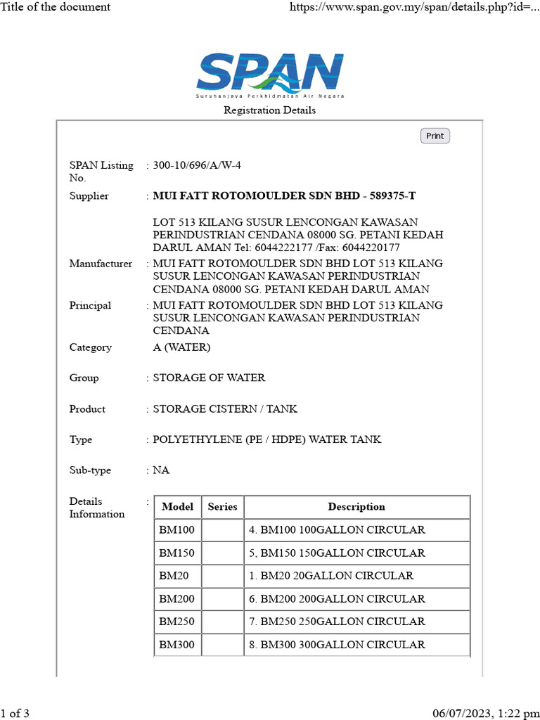 MUI FATT Water Tank Registration Details | PDF