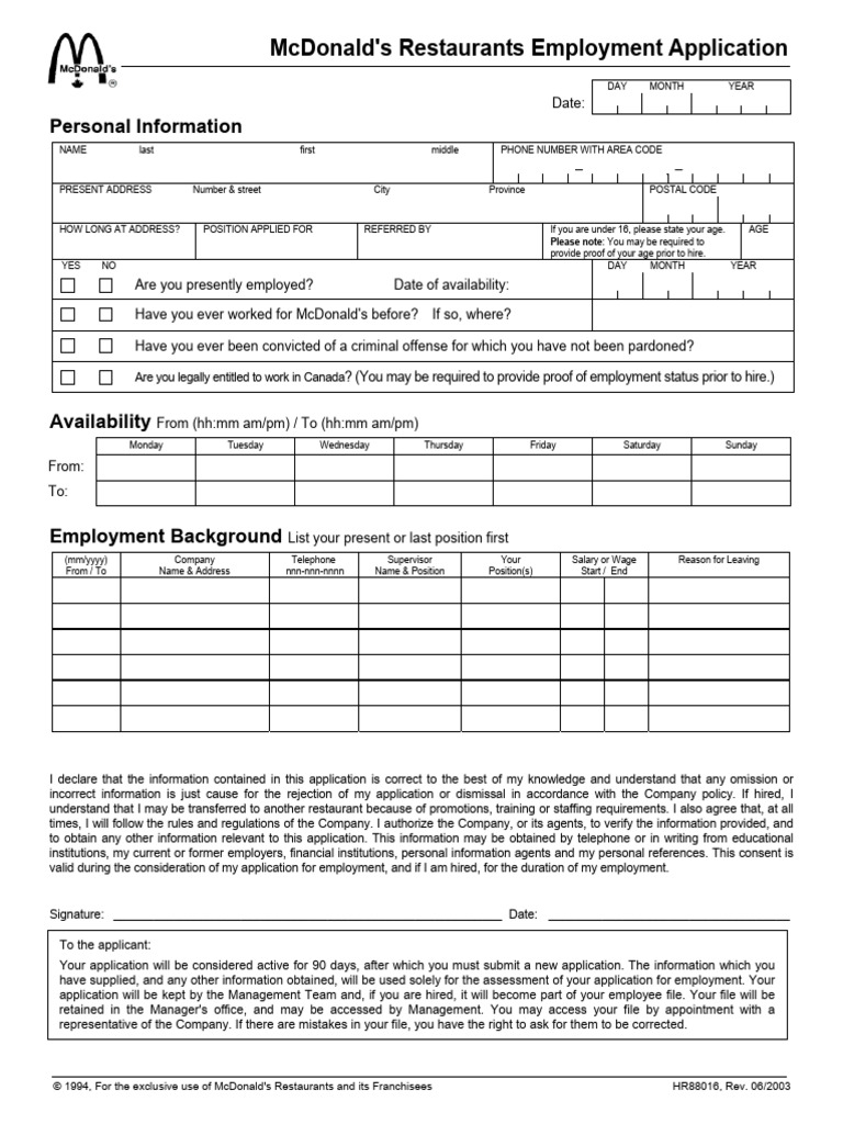 McDonalds Application Form | PDF