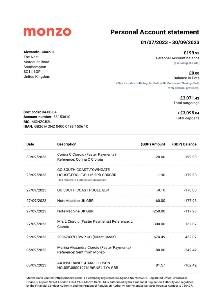 Monzo - Bank - Statement - 2023 07 01 2023 09 30 - 5146 | PDF