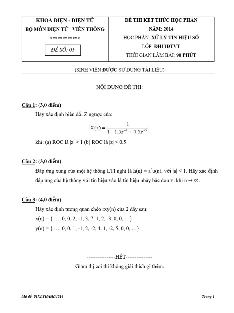 De Thi Va Dap An Xu Ly Tin Hieu So | PDF