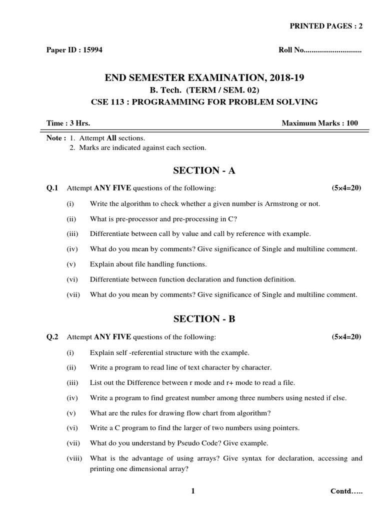 PROGRAMMING FOR PROBLEM SOLVING (CSE 113) B. Tech. (TERM - SEM. 02) 2018-19 | PDF | Pointer ...