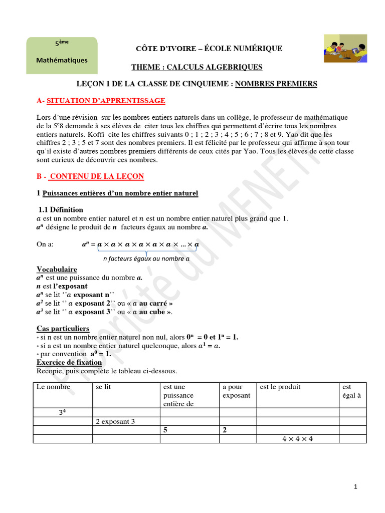 Maths 5ième. Cours Complet École Numérique (Côte D'ivoire) | PDF ...
