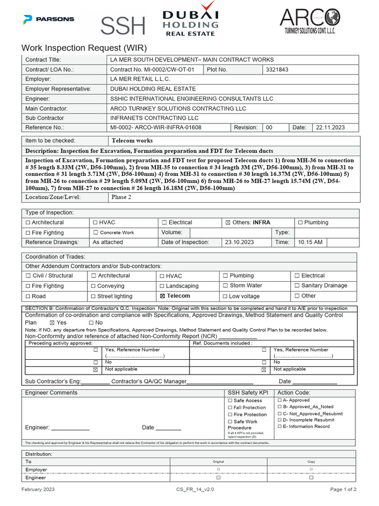 Work Inspection Request (WIR) : Location/Zone/Level: Phase 2 | Download ...