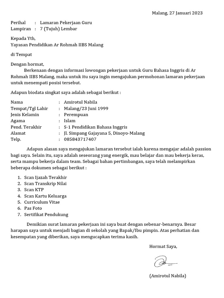 Cover Letter Ar Rohmah IIBS | PDF | Pengembangan Diri