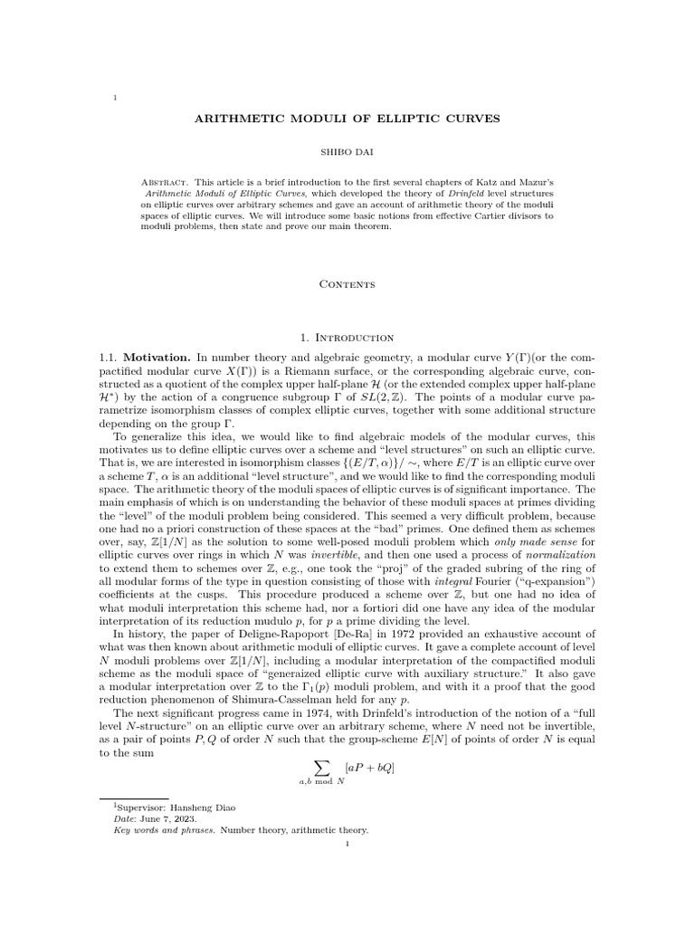 Arithmetic Moduli of Elliptic Curves | PDF | Group (Mathematics) | Abstract Algebra