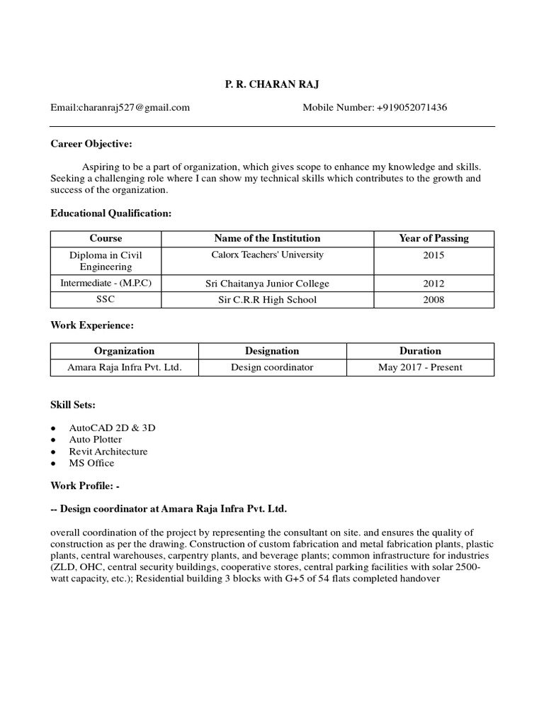 Charan Raj Resume Pdf Engineering