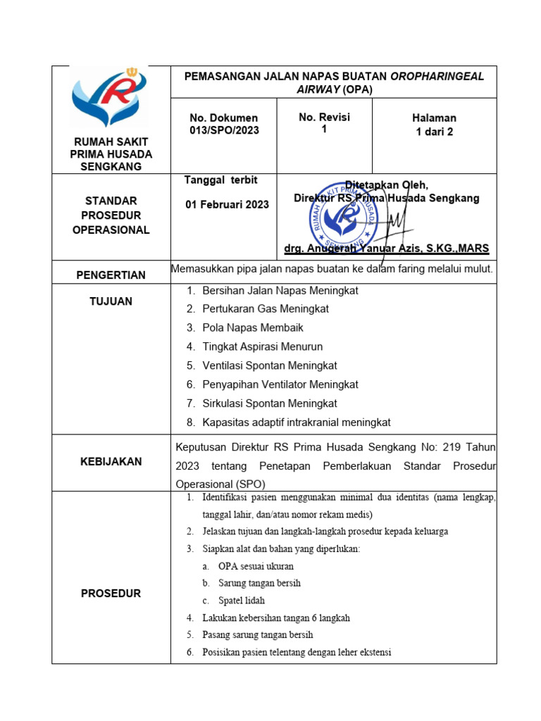 013 Sop Pemasangan Jalan Napas Buatan Oropharingeal Airway (Opa) | PDF
