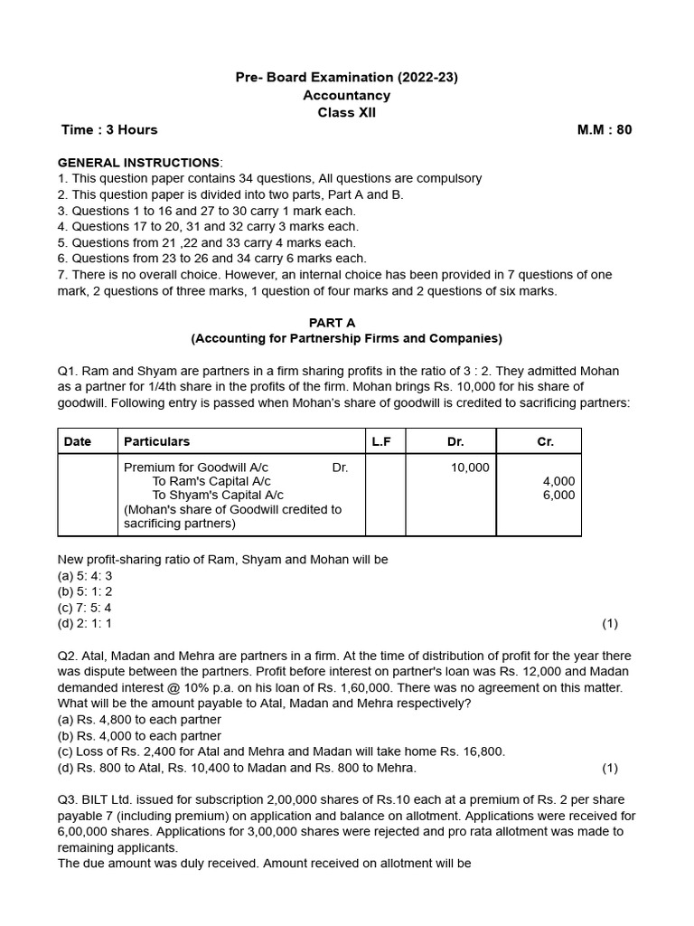 Pre - Board Examination - Accountancy - Class XII - (2022-23) | PDF | Revenue | Equity (Finance)