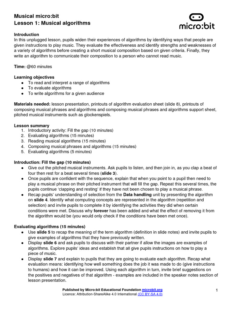 Musical Microbit L1 Plan | PDF | Algorithms | Human Communication