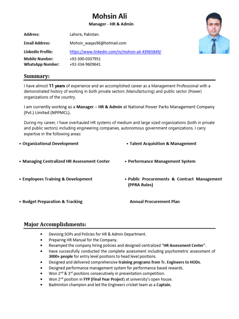 Mohsin Ali CV - Manager HR & Admin | Download Free PDF | Recruitment | Human Resource Management